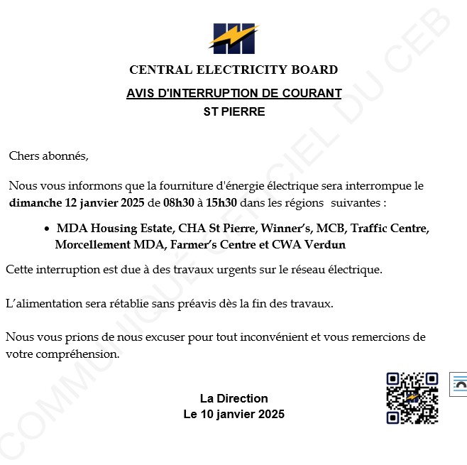 Communiqué du CEB : Avis d’interruption de l’électricité, ce dimanche ...